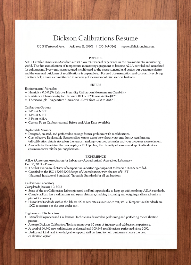 Dickson's Calibration Resume